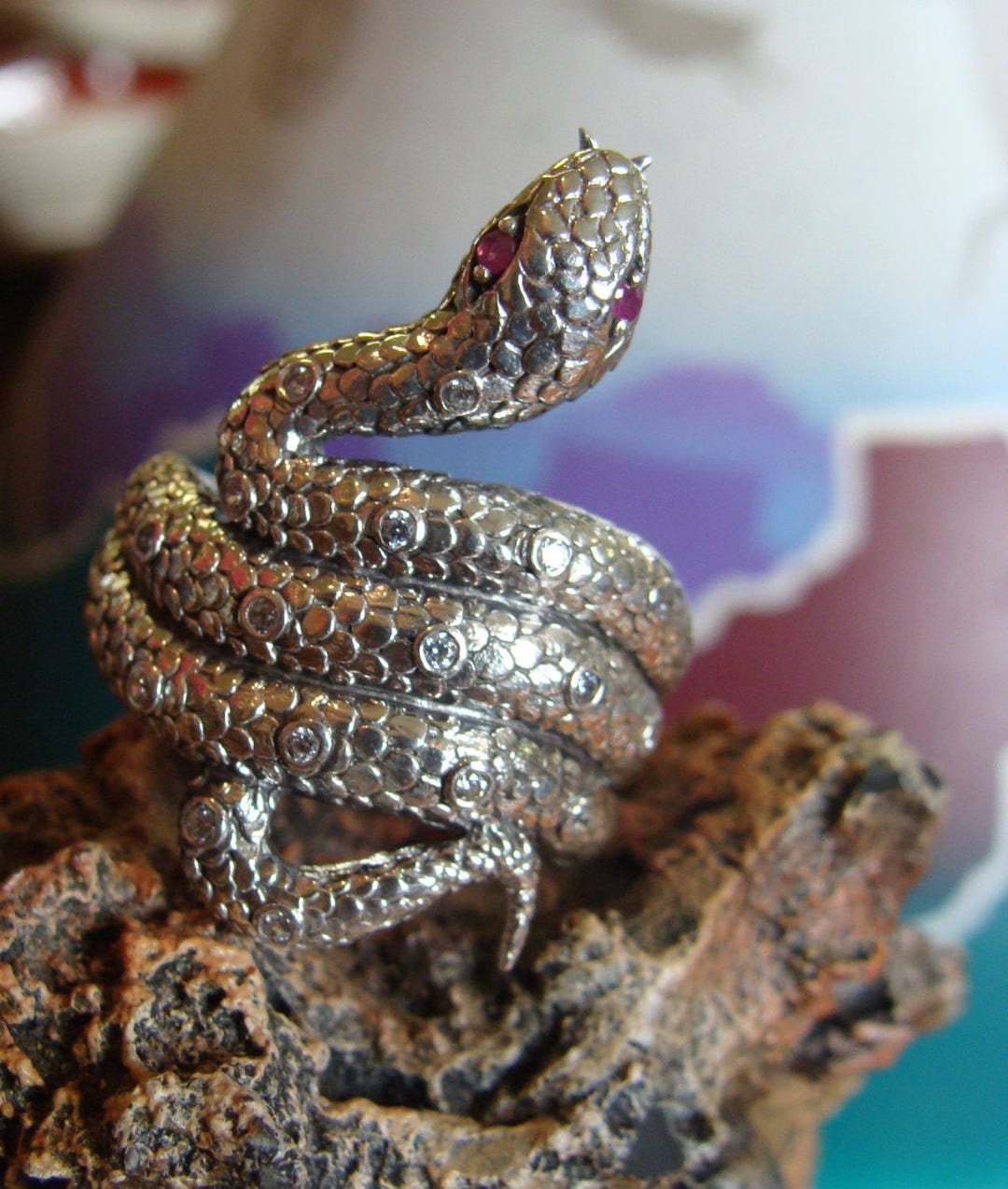 Sterling Ruby Eyed SNAKE Ring W/ Cubic Zirconia Accents and Moveable ...