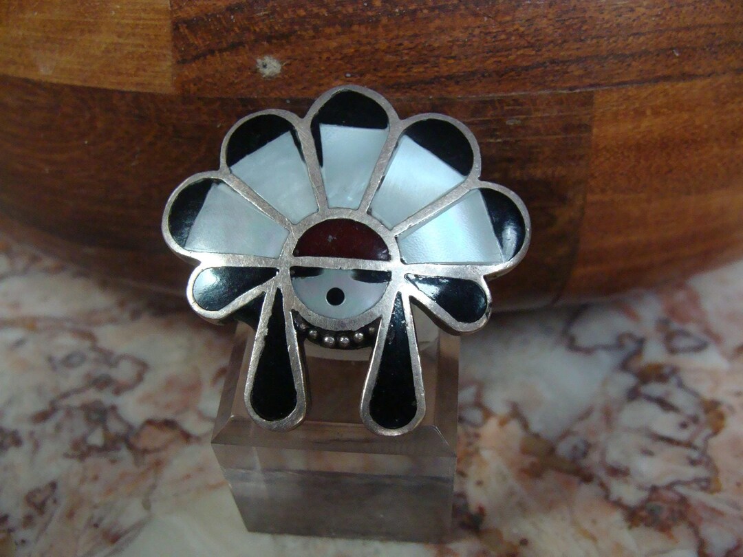 Vtg Large Sterling Silver ZUNI Sunface Chief INLAY Ring Size 7 - Etsy