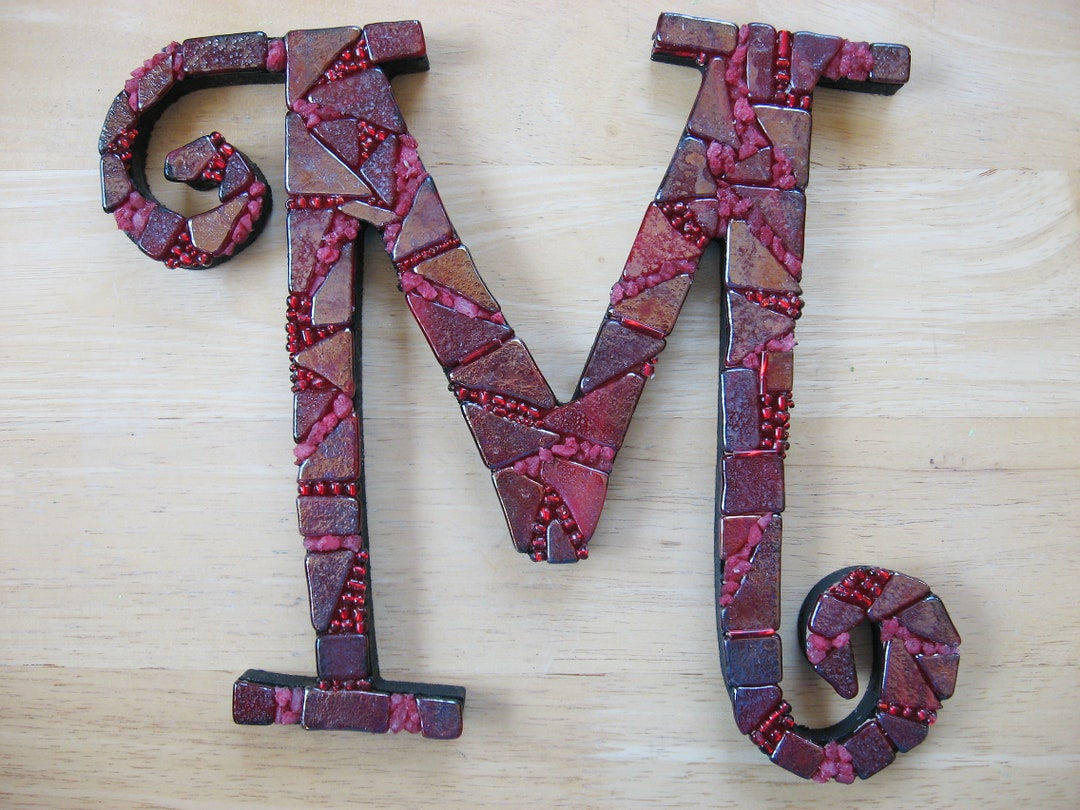 MOSAIC LETTER M Initial Oaak Red With Sparkly Beads and Pinkish Glass ...