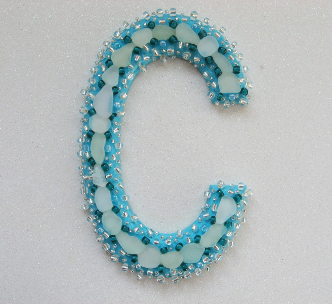 Mosaic Letter C Coastal Inspired Decor With White Sea Glass and Sparkly ...