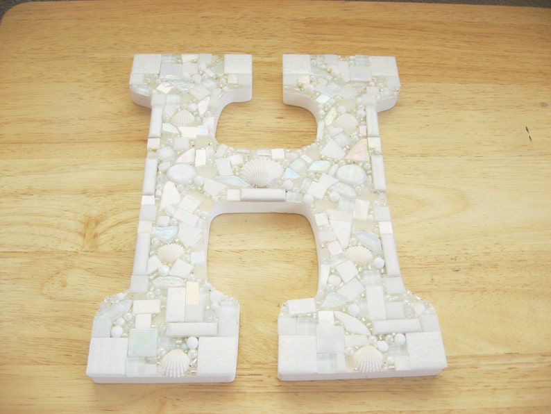 Mosaic Letter H Initial Ooak White With Sparkly Beads, Shells, Seaglass ...