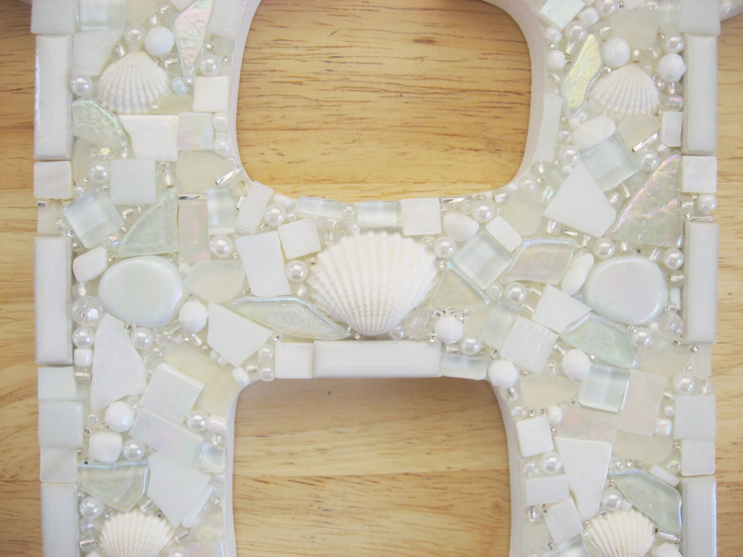 Mosaic Letter H Initial Ooak White With Sparkly Beads, Shells, Seaglass ...