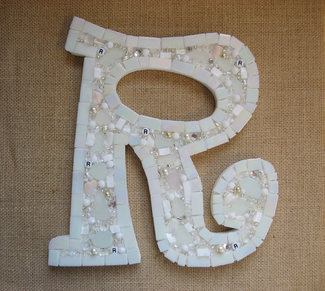Mosaic Letter R Initial Ooak White With Sparkly Beads Shells - Etsy