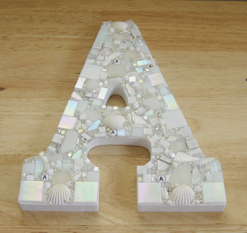 Mosaic Letter A Initial Ooak White With Sparkly Beads, Shells, Seaglass ...