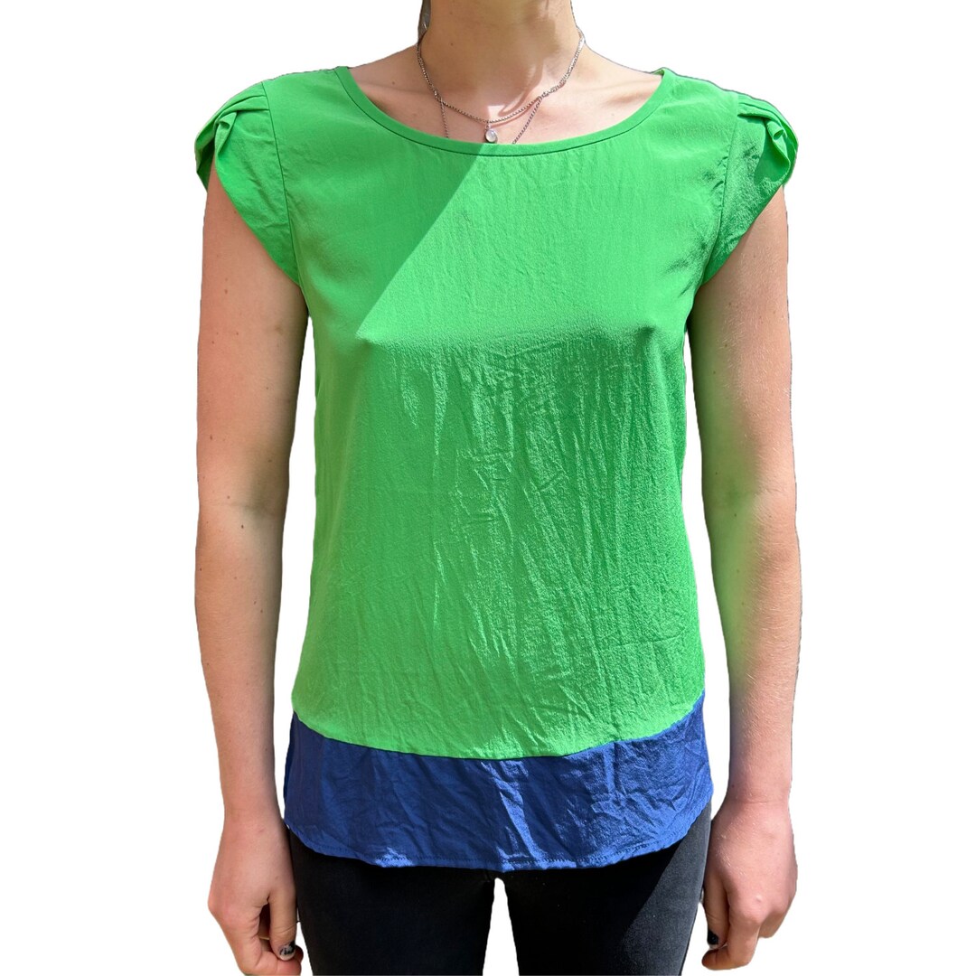 Vintage Trina Turk Bright Green & Blue Colorblock Silk Blouse With Cap ...