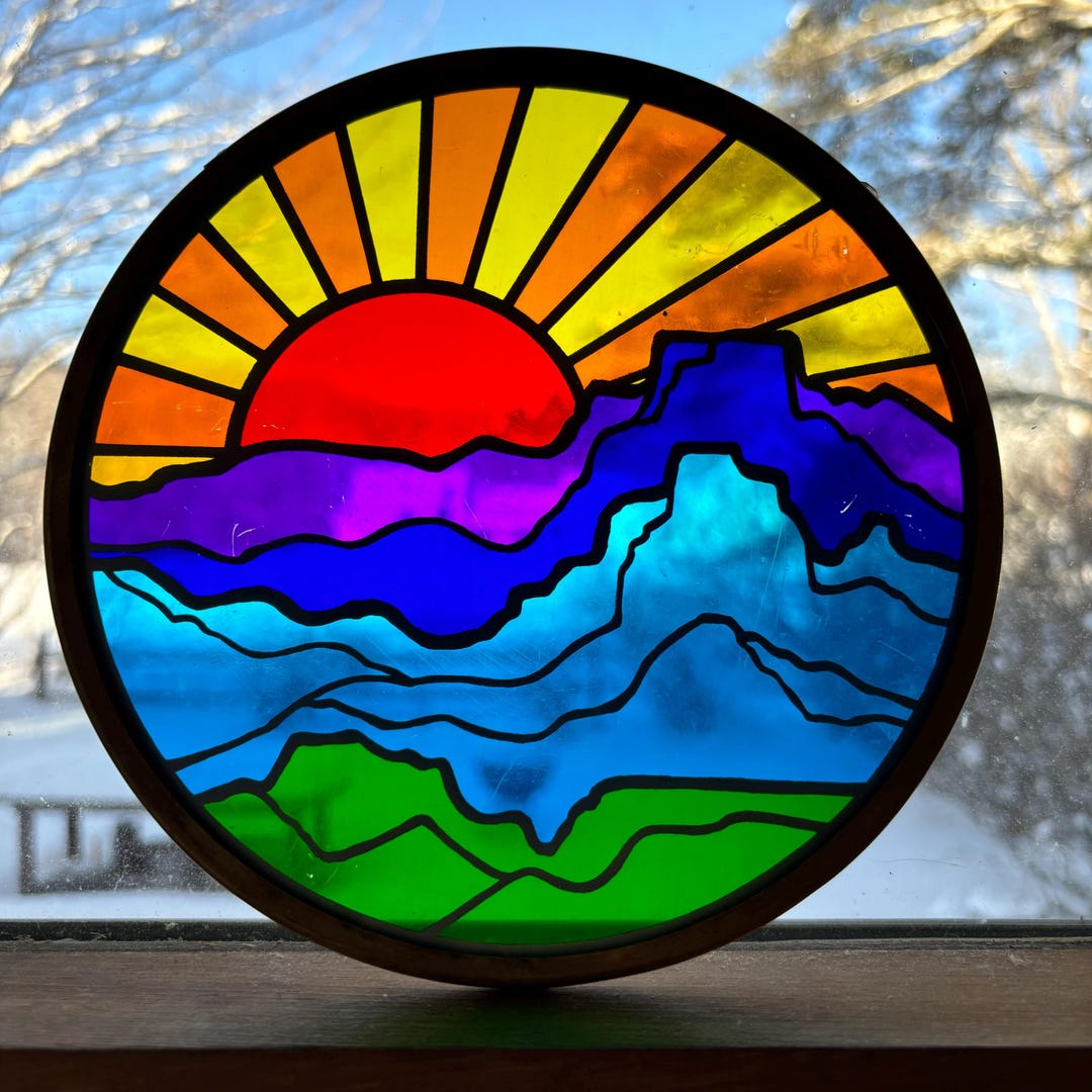 Vintage Mountain Sunset Stained Glass Circular Art Piece / 70s Vibrant ...