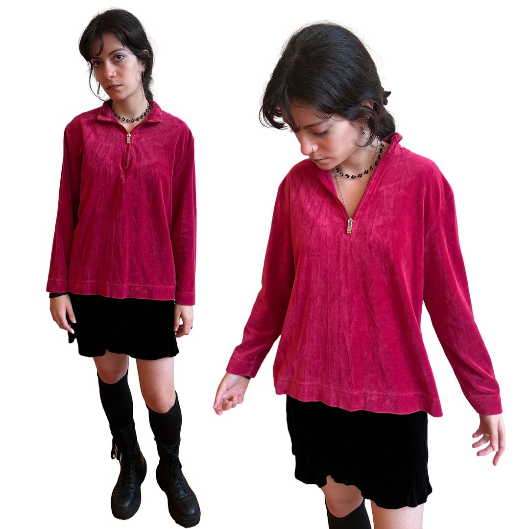 Vintage Red Velvet Long Sleeve Half Zip Collared Shirt / Soft Zip up ...