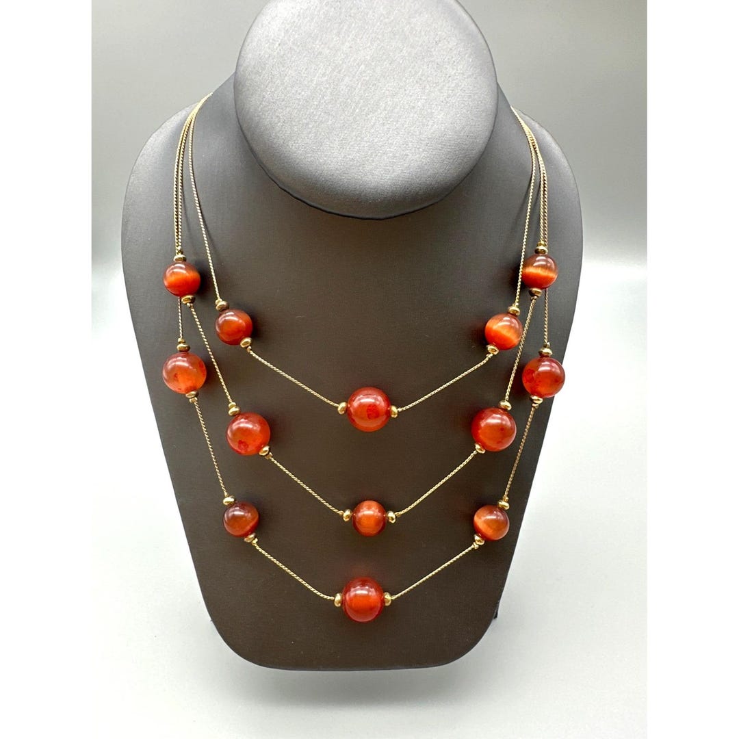 Vintage Amber Color Necklace Lucite 3 Strand Gold Tone Chains ...