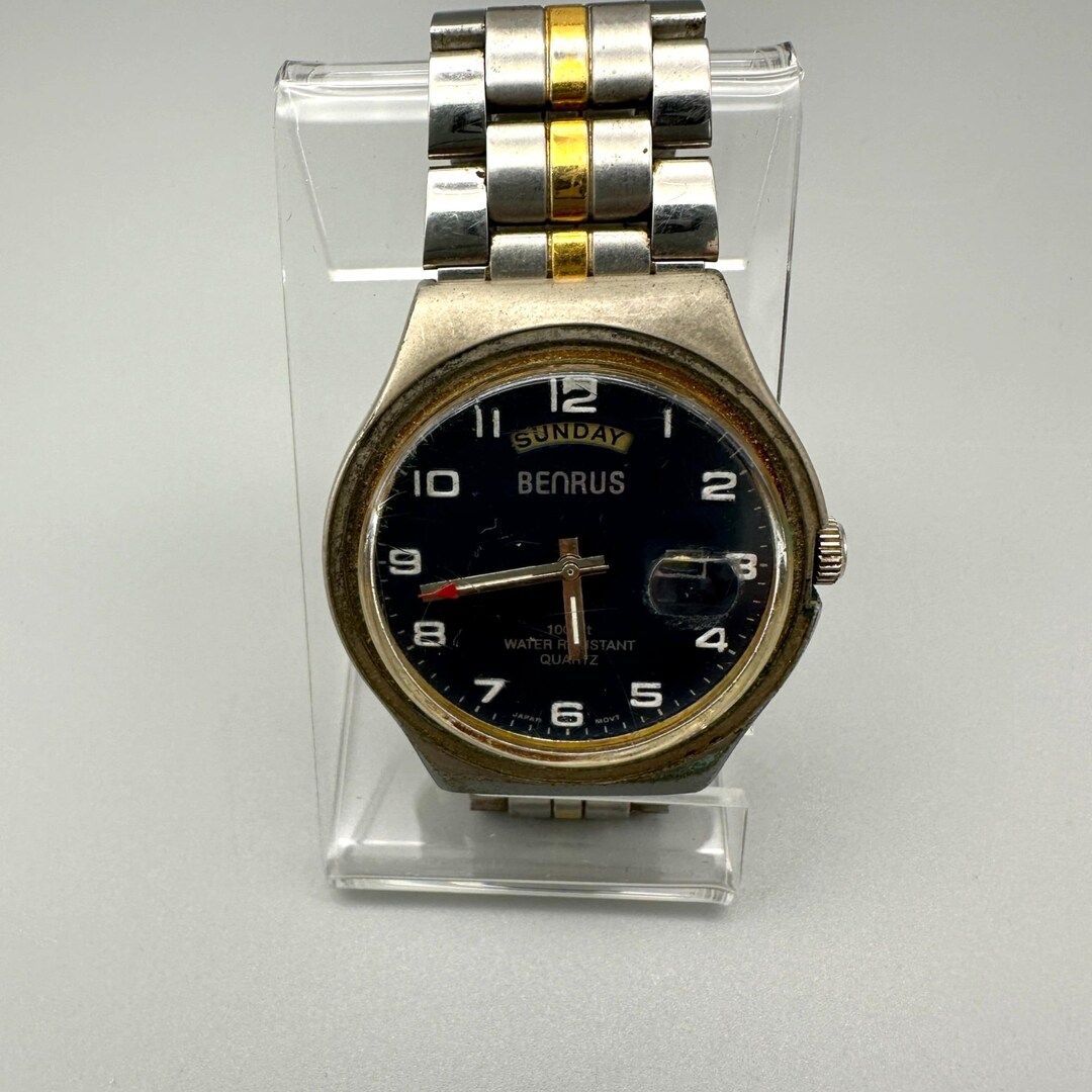 Vintage Benrus Mens Watch Quartz Day-date Stainless Steel Band Two-tone ...