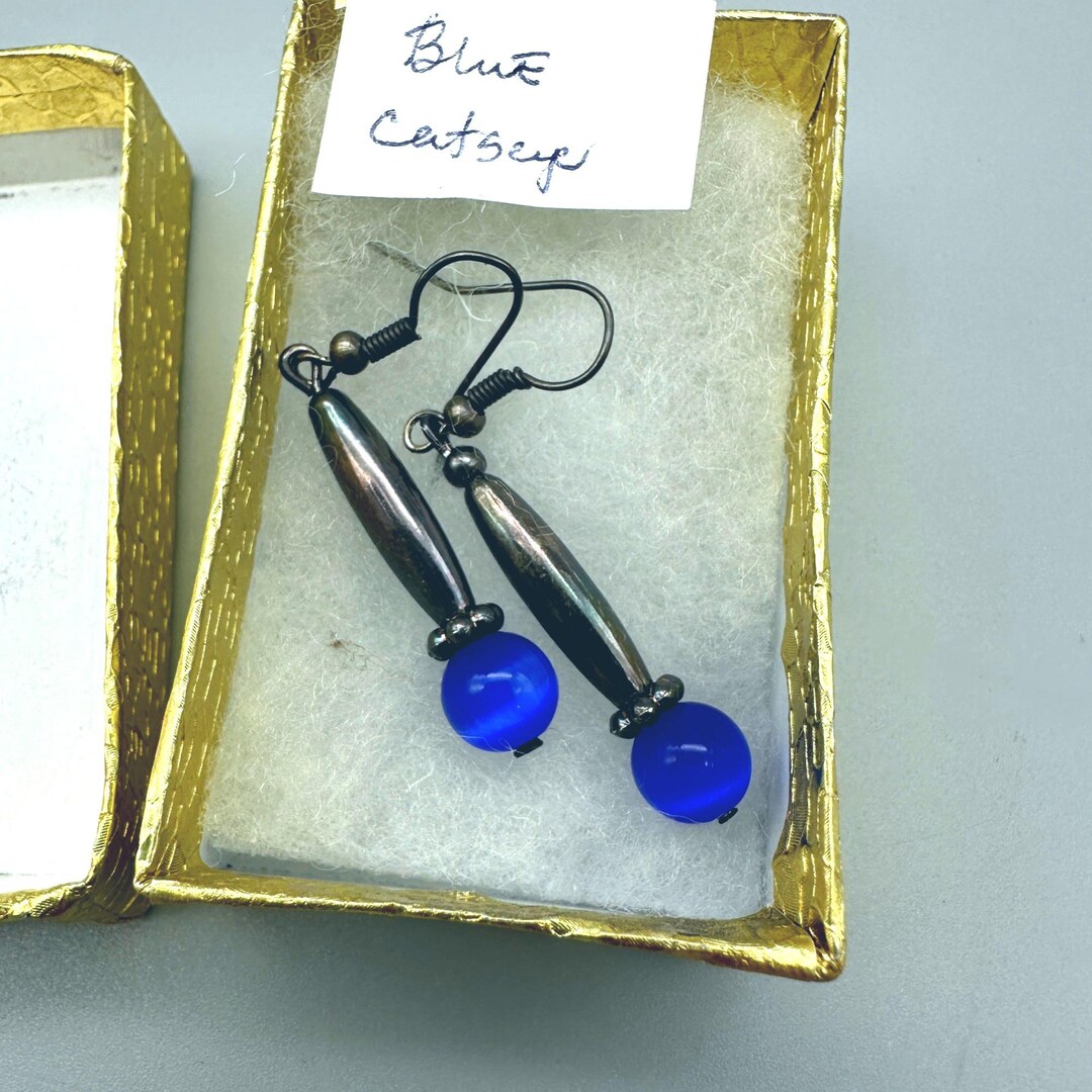 Cobalt Blue Cats Eye Earrings Metal Dangle Jewelry Silver Tone Drop ...