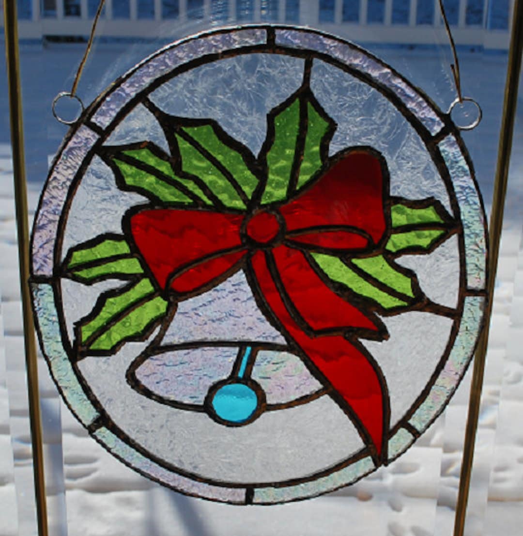 Stained Glass Christmas Bell With Ribbon in an Oval Suncatcher Wall ...