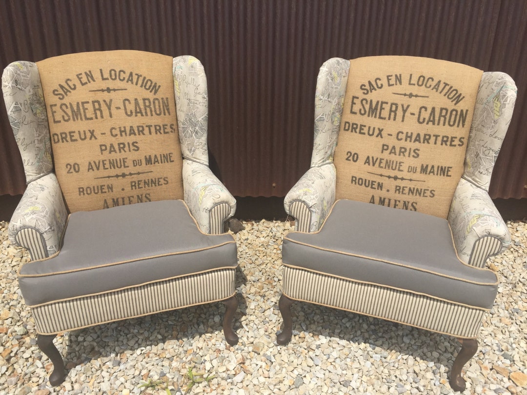 ONE Wingback Chair With Vintage French Burlap Sack, Grey Linen, Ticking ...
