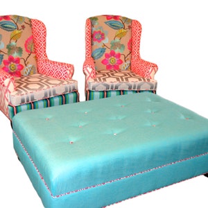 SOLD Wingback Chairs With Funky Pink and Blue Fabrics, Geometric and ...