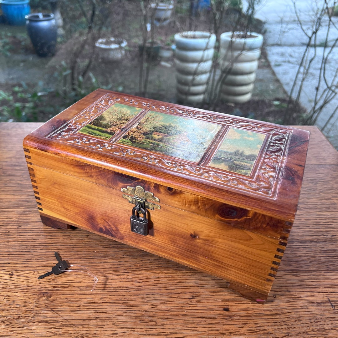 Cedar Box With Hinged Lid Vanity Box Pastoral Scene Dresser Box ...