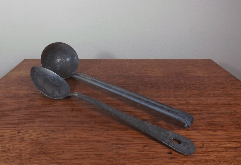 Kitchen Utensils, Tinned Spoon& Enamelware Ladle, Vintage Farm House ...