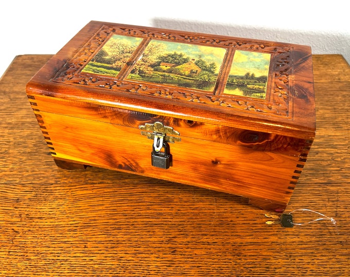 Cedar Box With Hinged Lid ~ Vanity Box ~ Pastoral Scene ~ Dresser Box ...