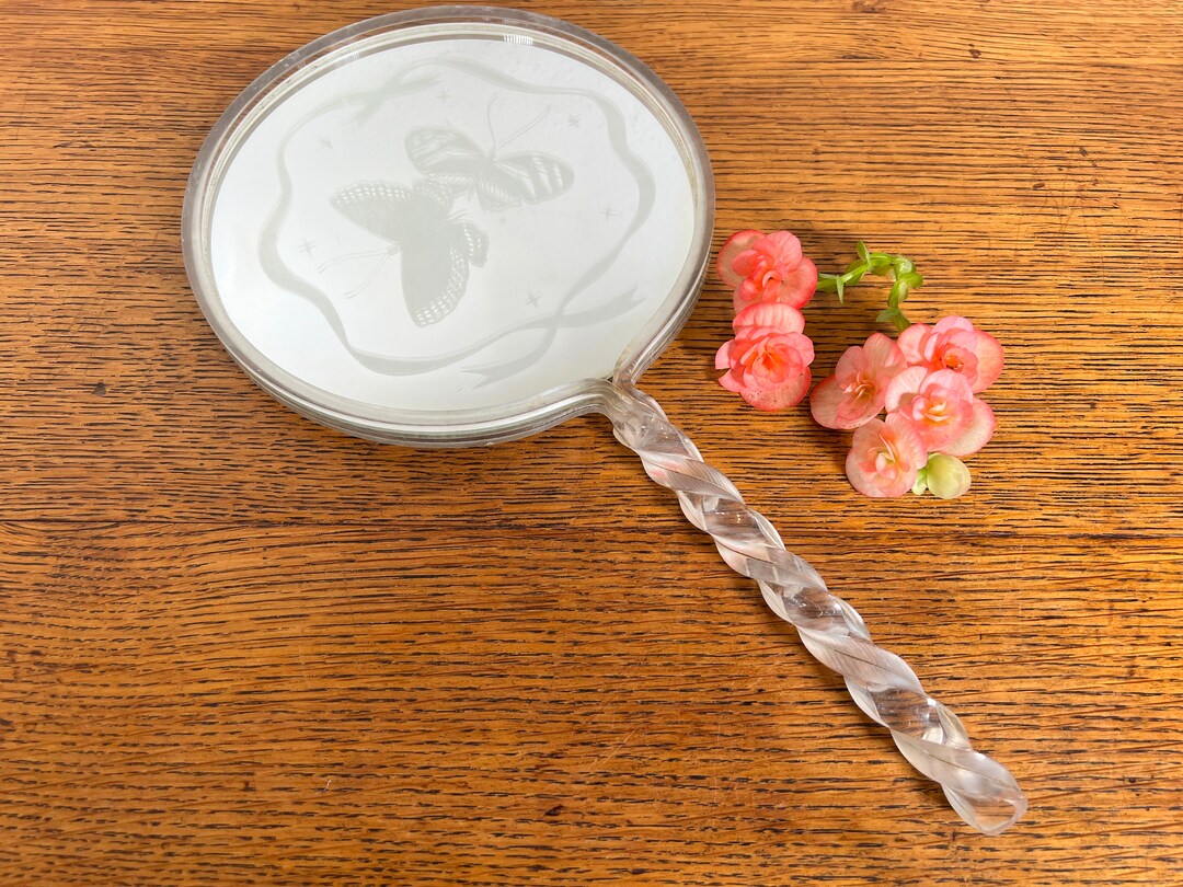 Hand Mirror With Lucite Handle and Frame ~ Etched Butterfly Pattern ...