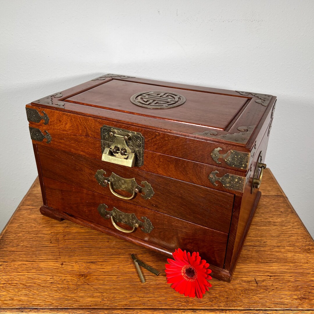 Asian Jewelry Box: Large Wood Cabinet With Brass Fittings - Etsy