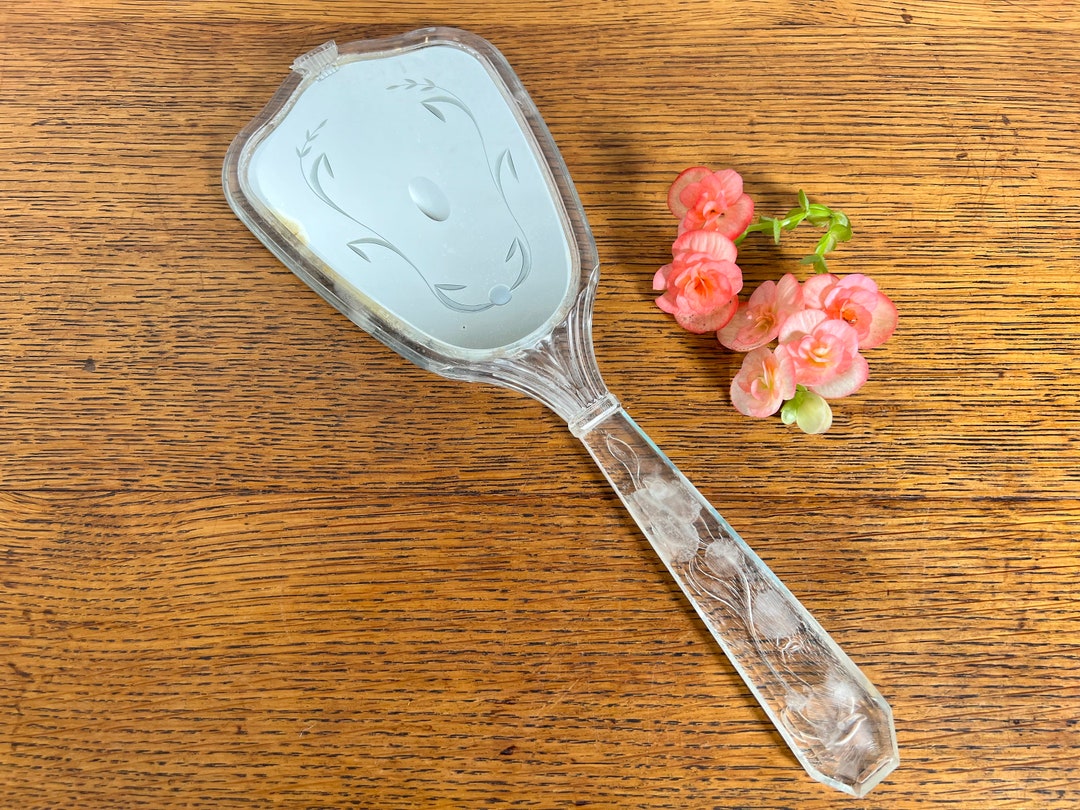 Vintage Lucite Hand Mirror: Etched Floral Vanity Mirror, Hollywood Glam ...