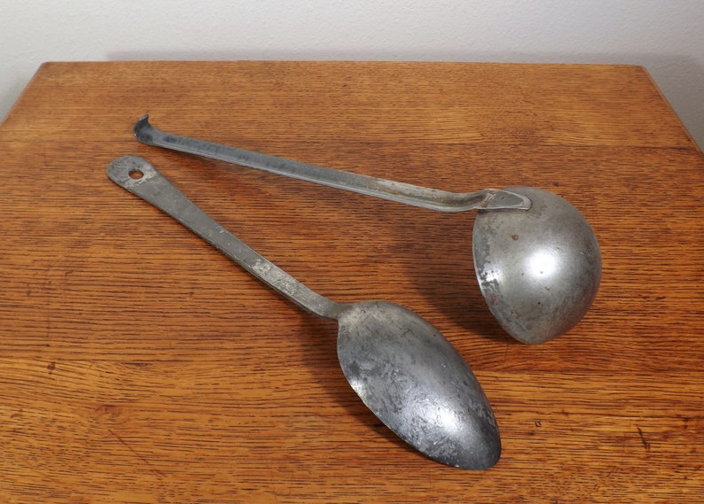 Kitchen Utensils, Tinned Spoon& Enamelware Ladle, Vintage Farm House ...