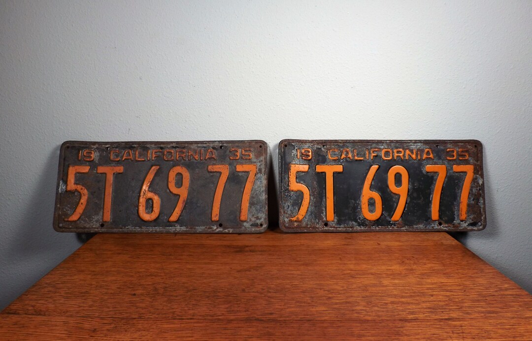 California License Plate Pair - 1935 - 6 Digit, 5T 69 77 - Original ...