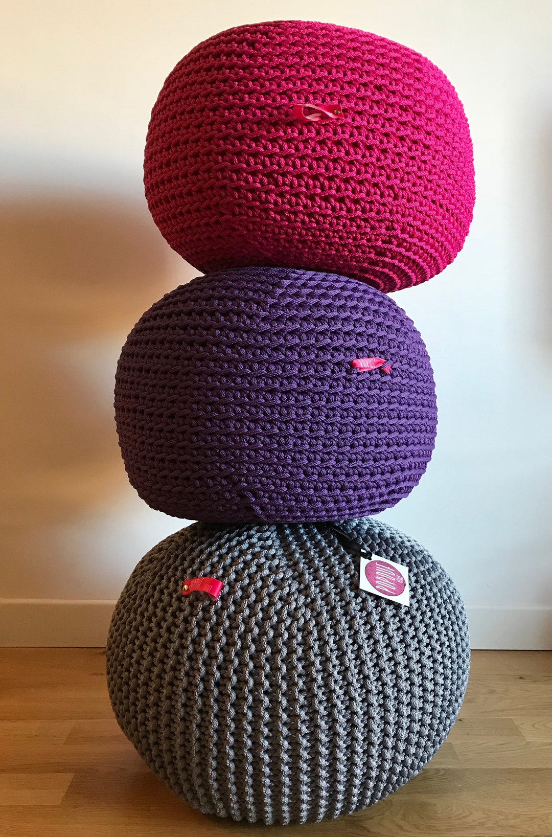 Pink Fuchsia Round Crochet Pouf Ottoman Handmade in Italy, Patio Pouf ...