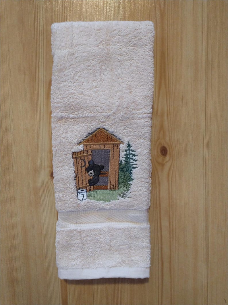 BEAR in OUTHOUSE Embroidered Kitchen Bathroom Hand Towel. Lodge ...