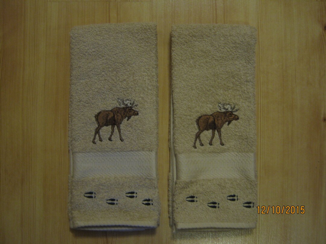 NEW 2 Moose With Tracks Tan Hand Towels, Lodge Cabin Decor, Northwoods ...