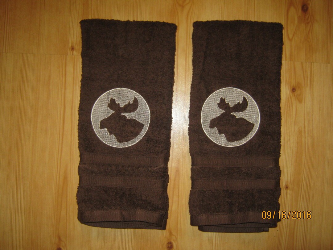 New 2 EMBOSSED MOOSE Brown Hand Towels, Lodge Cabin Towels, Northwoods ...