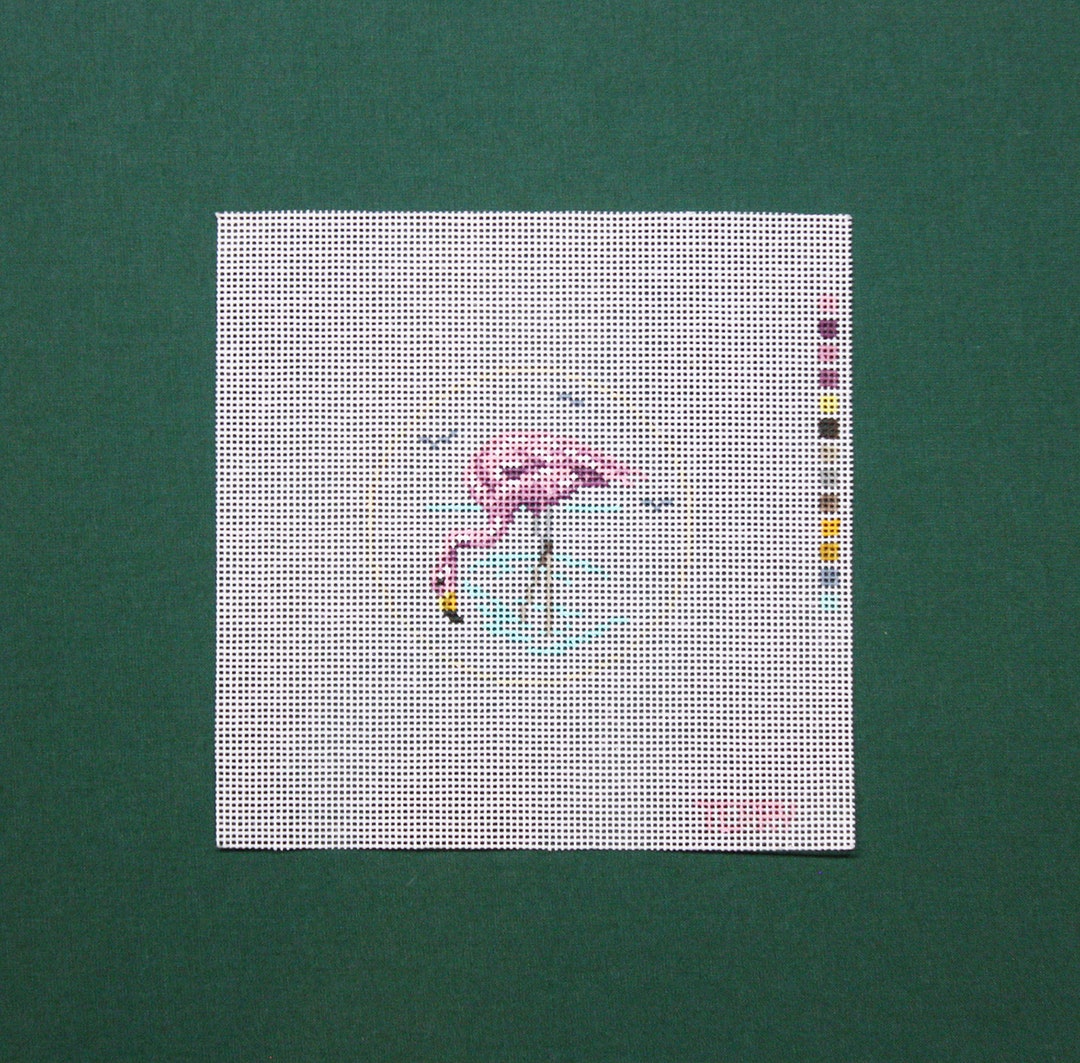 Flamingo Needlepoint Ornament, Painted Flamingo Needlepoint, Needlework ...