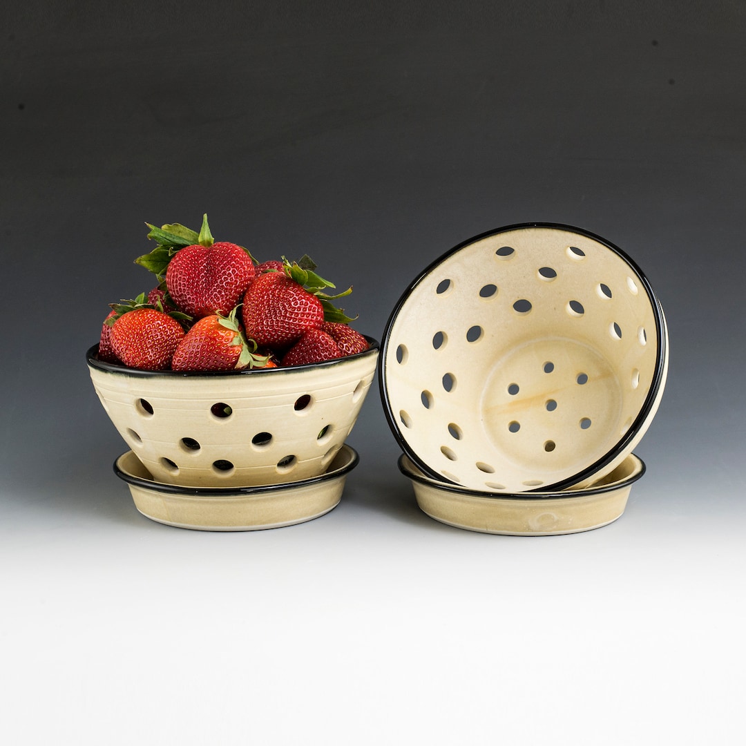 Berry Bowl & Saucer - "bone" Glaze, Soft, Pretty Color, Black Rim With ...
