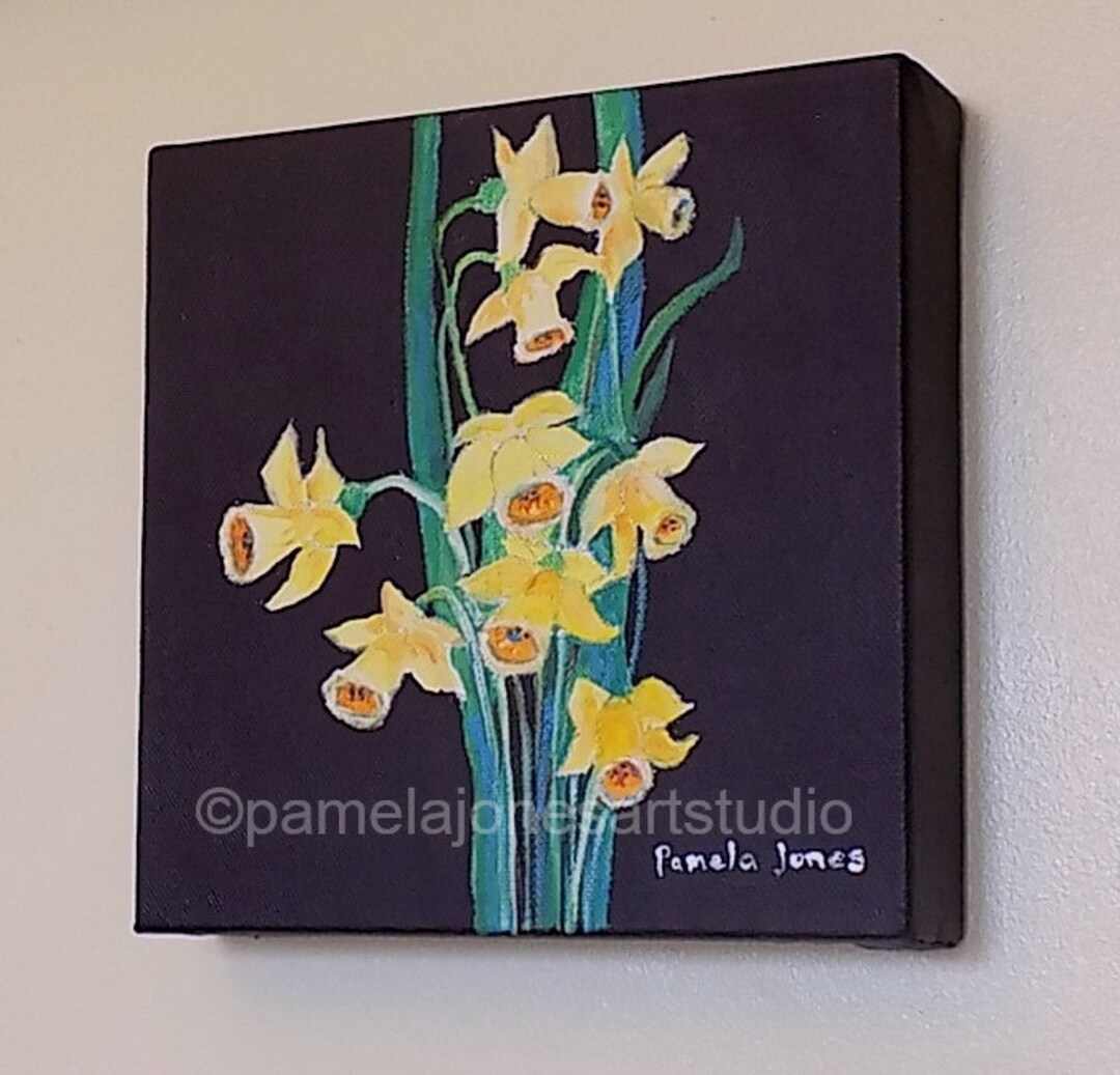 Daffodils, on Boxed Canvas, Original, Acrylic Painting, 20 X 20cm, Gift ...