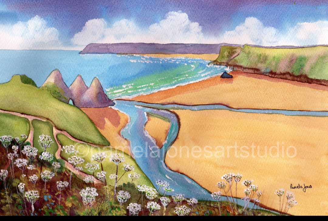 Three Cliffs Bay, Cow Parsley, Gower, Wales, Original Watercolour, in ...