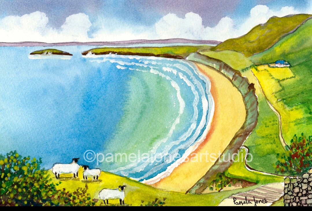Rhossili Bay Sheep Painting: Original Watercolour Gower Wales Art ...