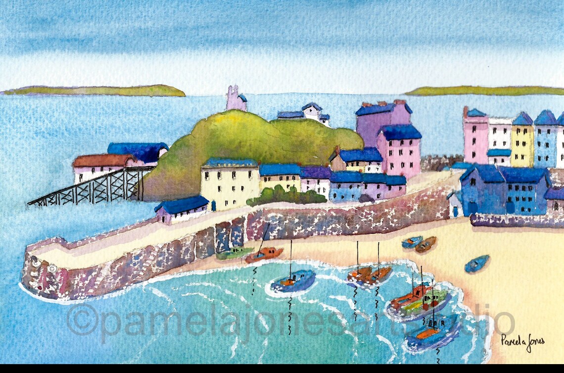 Watercolour Print Tenby Harbour Pembrokeshire Wales in 9 X - Etsy UK