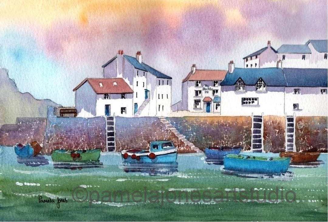 Polperro Harbour Watercolour Print: Cornish Seascape Art, 8x6" Mounted ...