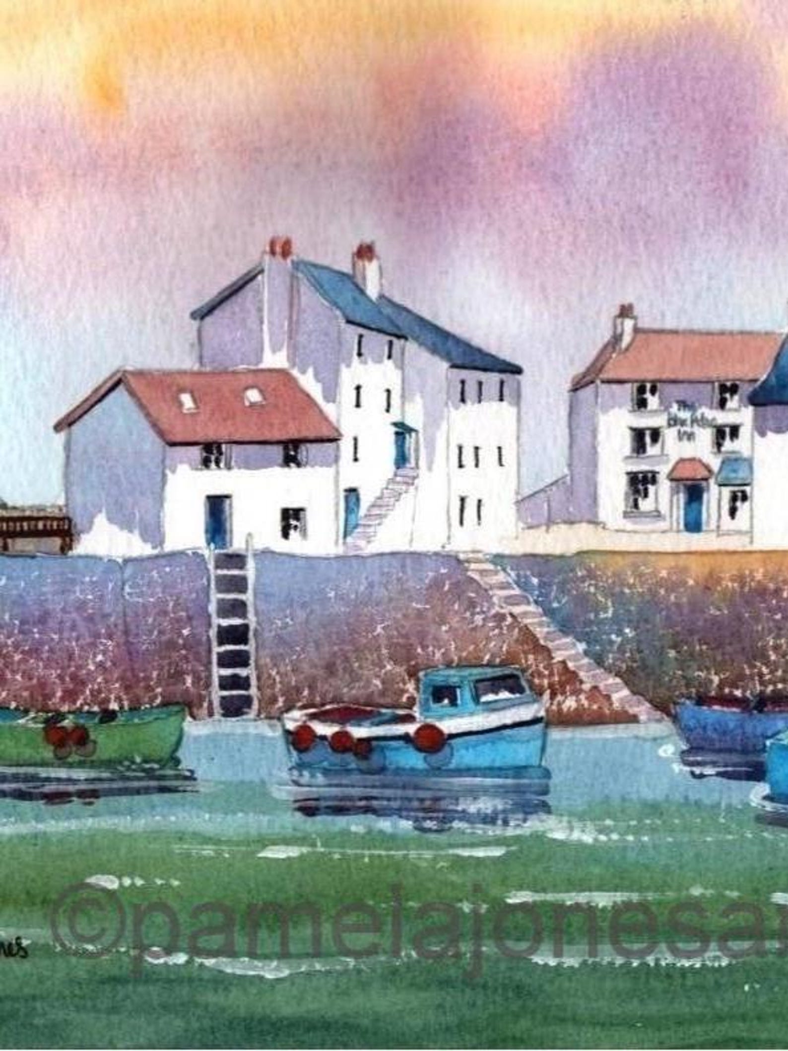 Polperro Harbour Watercolour Print: Cornish Seascape Art, 8x6" Mounted ...