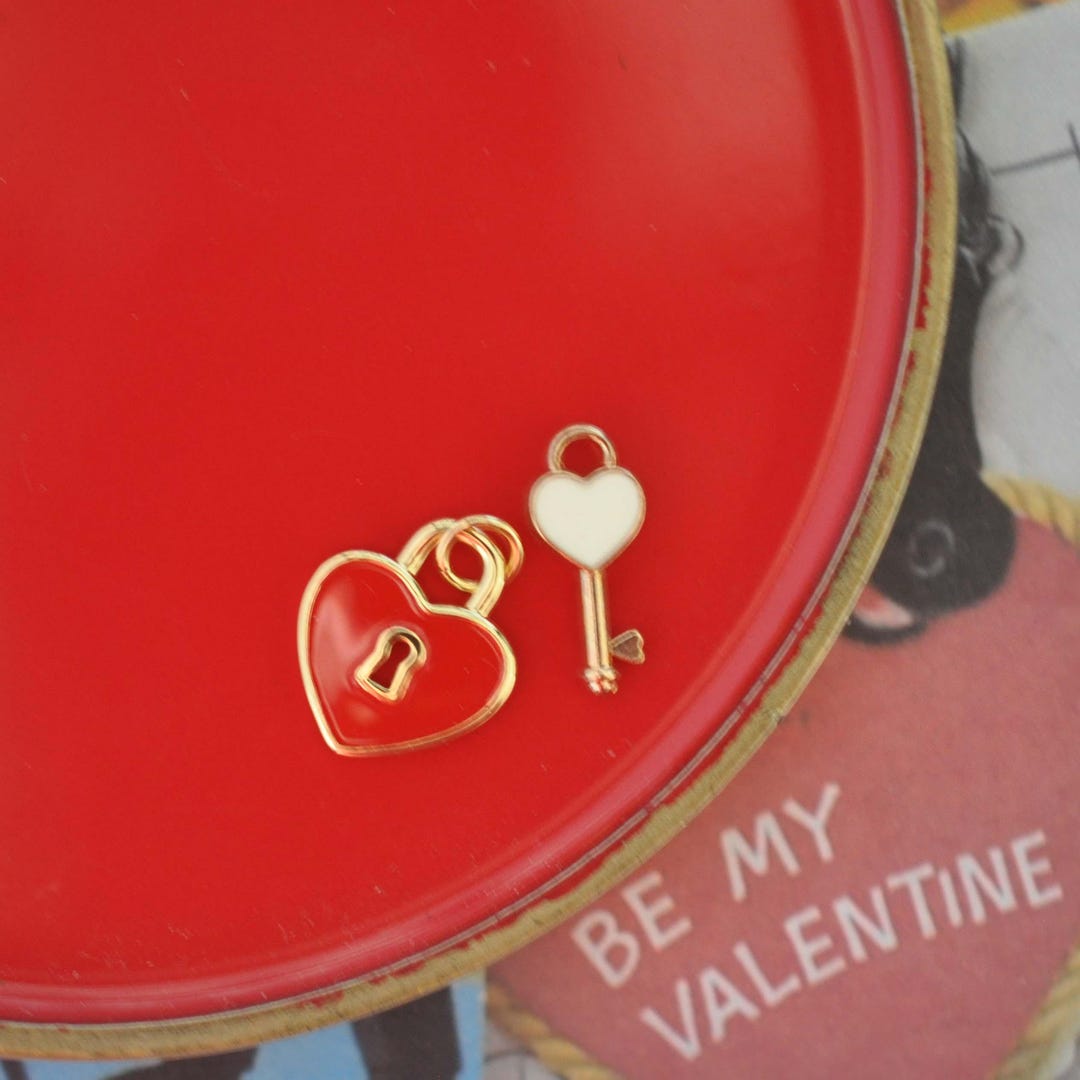 Red Heart Locket Charm & Key, Red and White Enamel Charm, Love, Heart ...
