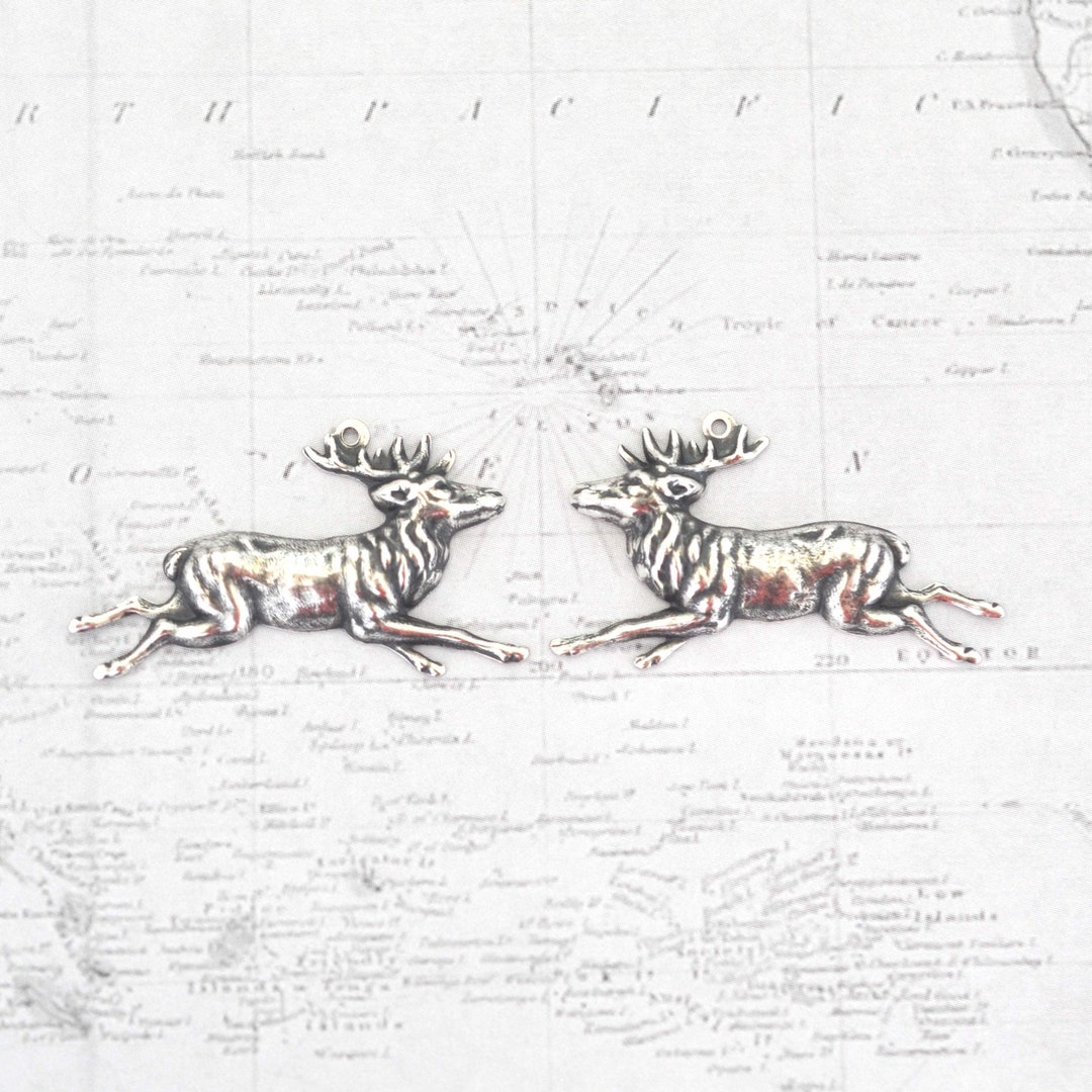 Antique Silver Ox Deer Dashing Left and Right Charm Pair - Holiday ...