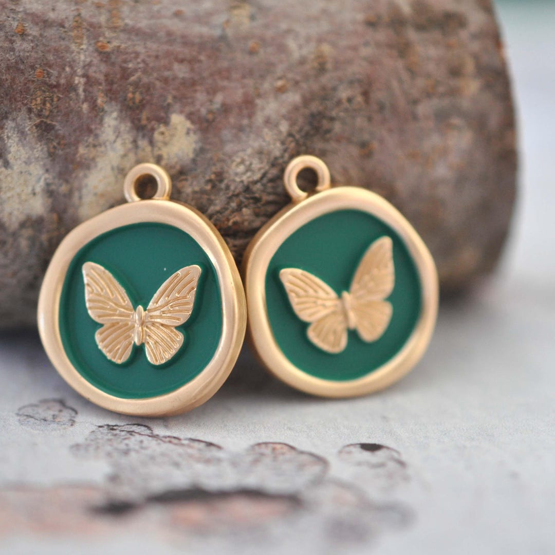 Teal & Gold Accent Butterfly Wax Seal Style Charms - 1 Pair (2 Charms ...