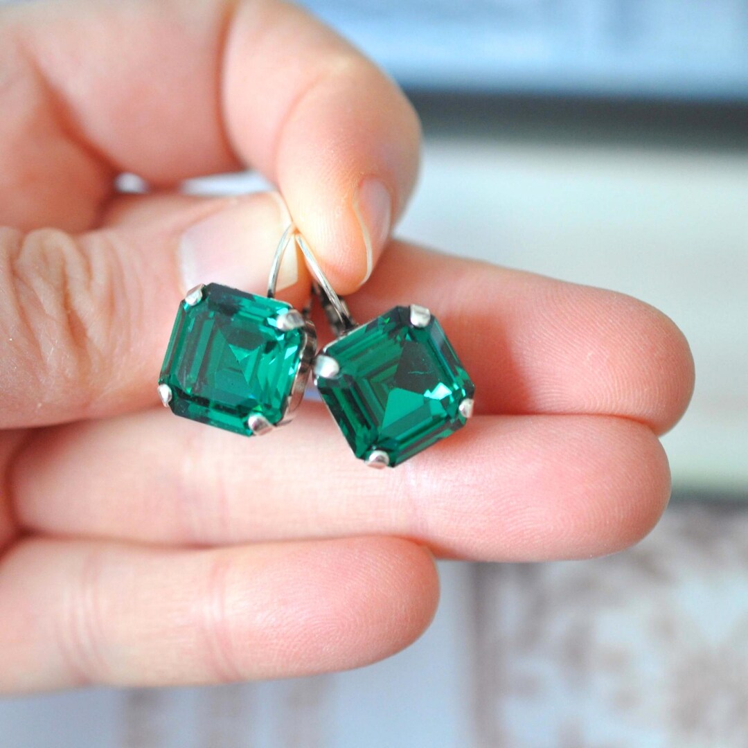Victoria Drop Earrings- Emerald Green Square Emerald Cut Fancy Vintage ...