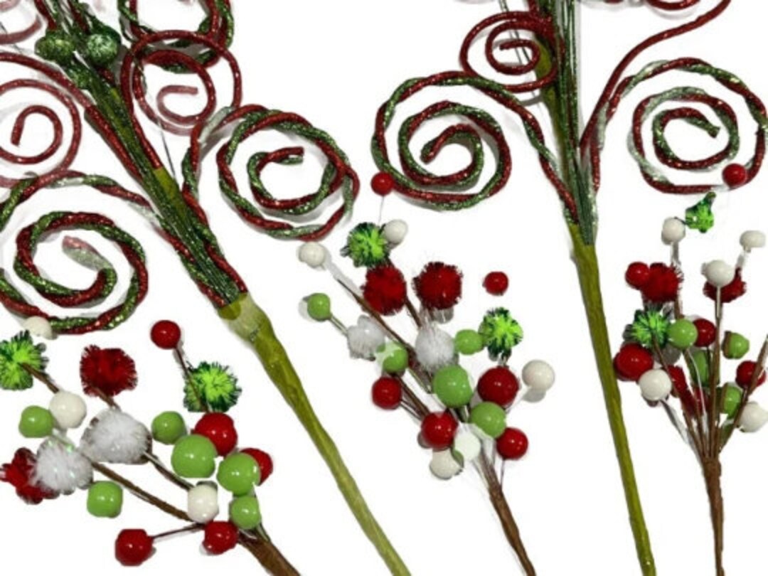 Twisted Twirl and Pom Pom Berry Red and Green Glitter Picks Wreath ...
