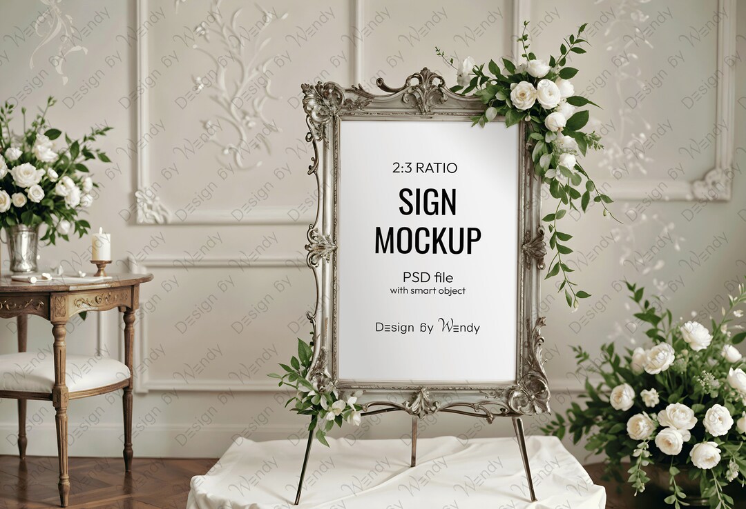 Welcome Sign Mockup, in Vintage Silver Frame on Easel & White Roses ...