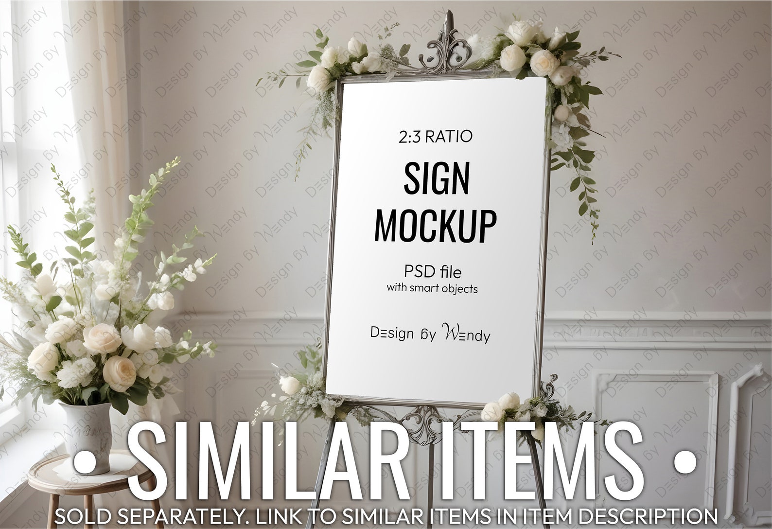 Vintage Welcome Sign Mockup. Silver Frame on Easel With White Roses ...