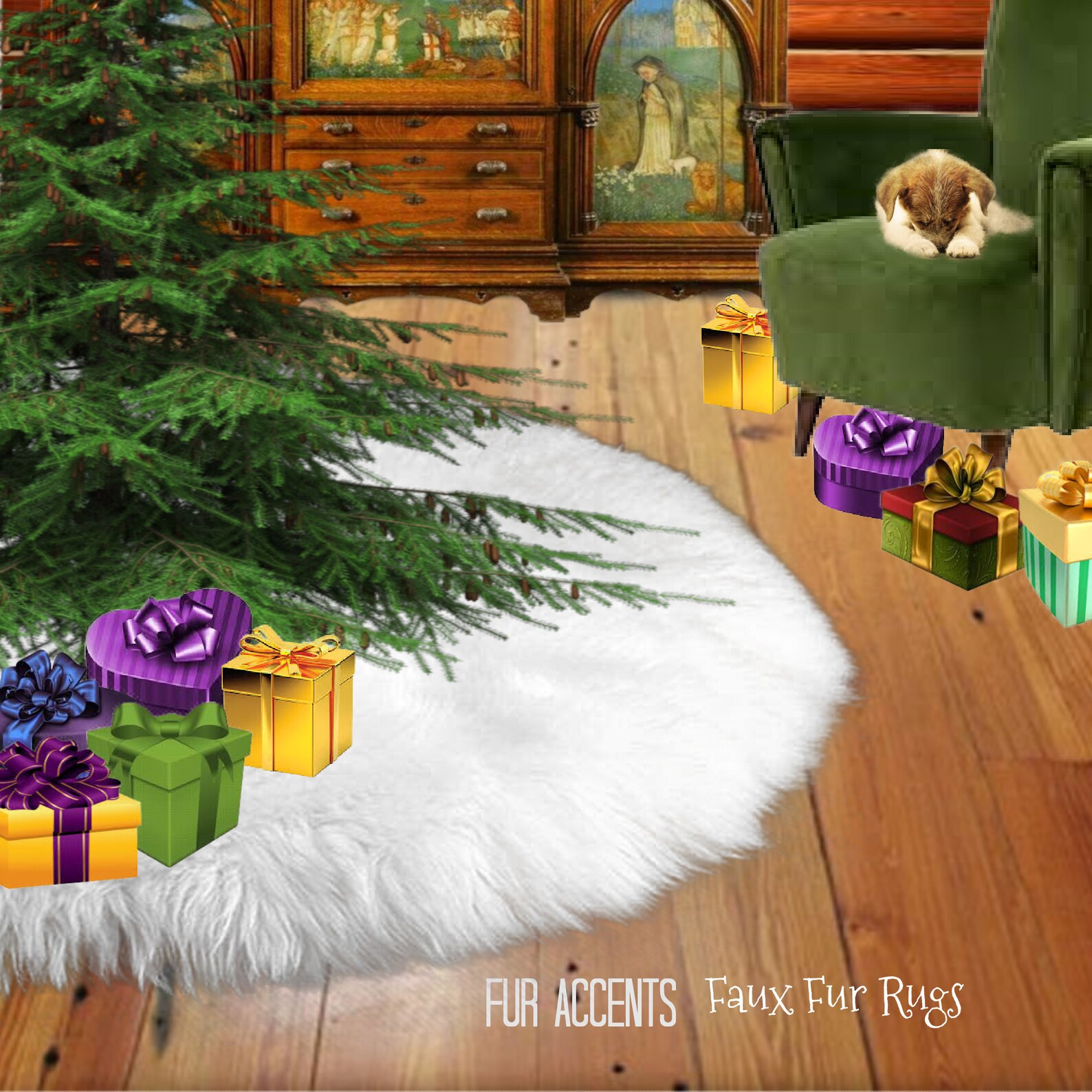 Classic Faux Fur Christmas Tree Skirt - Shaggy Shag Faux Sheepskin ...