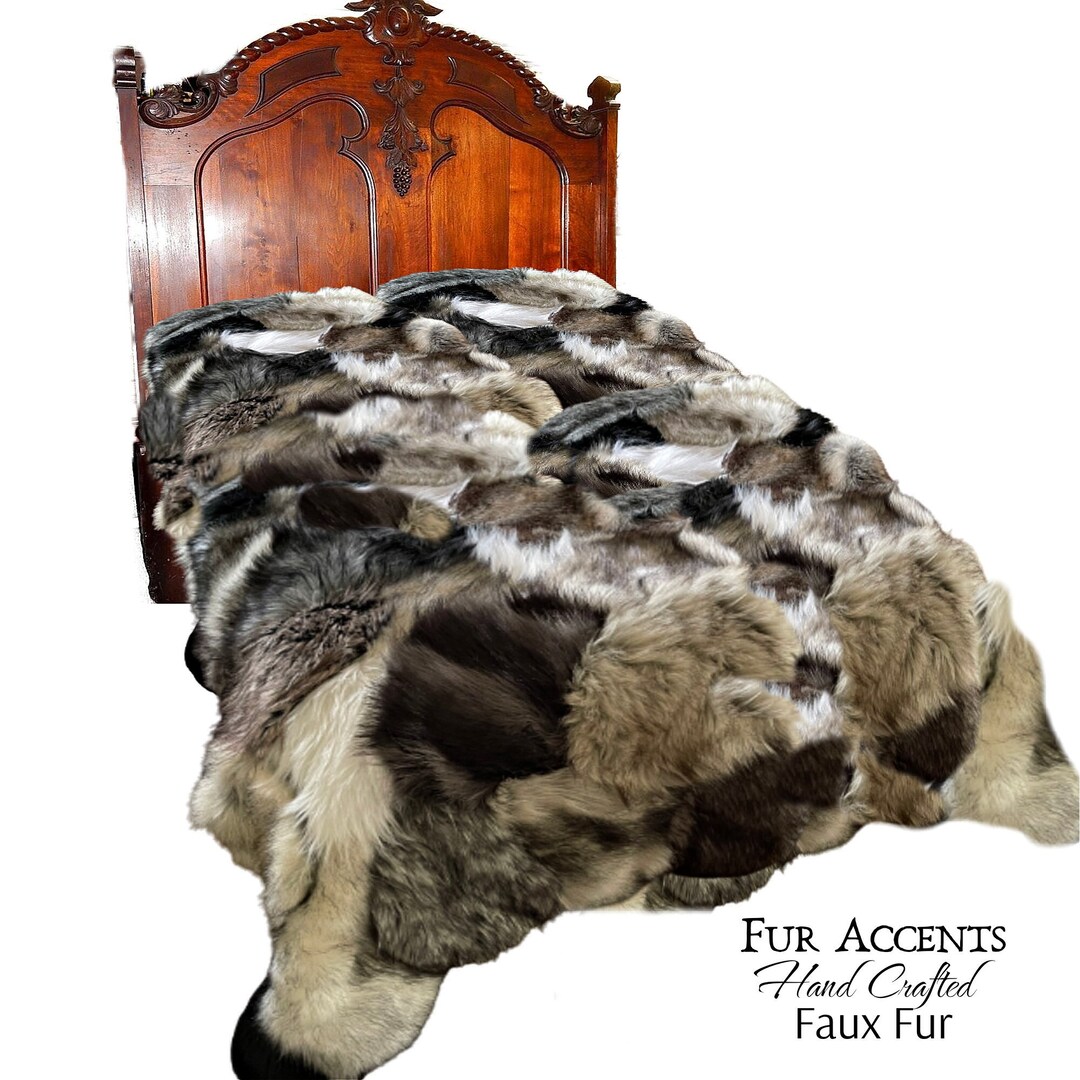 Plush Faux Fur Bedspread or Duvet - Mixed Animal Pelt Patchwork - Black ...