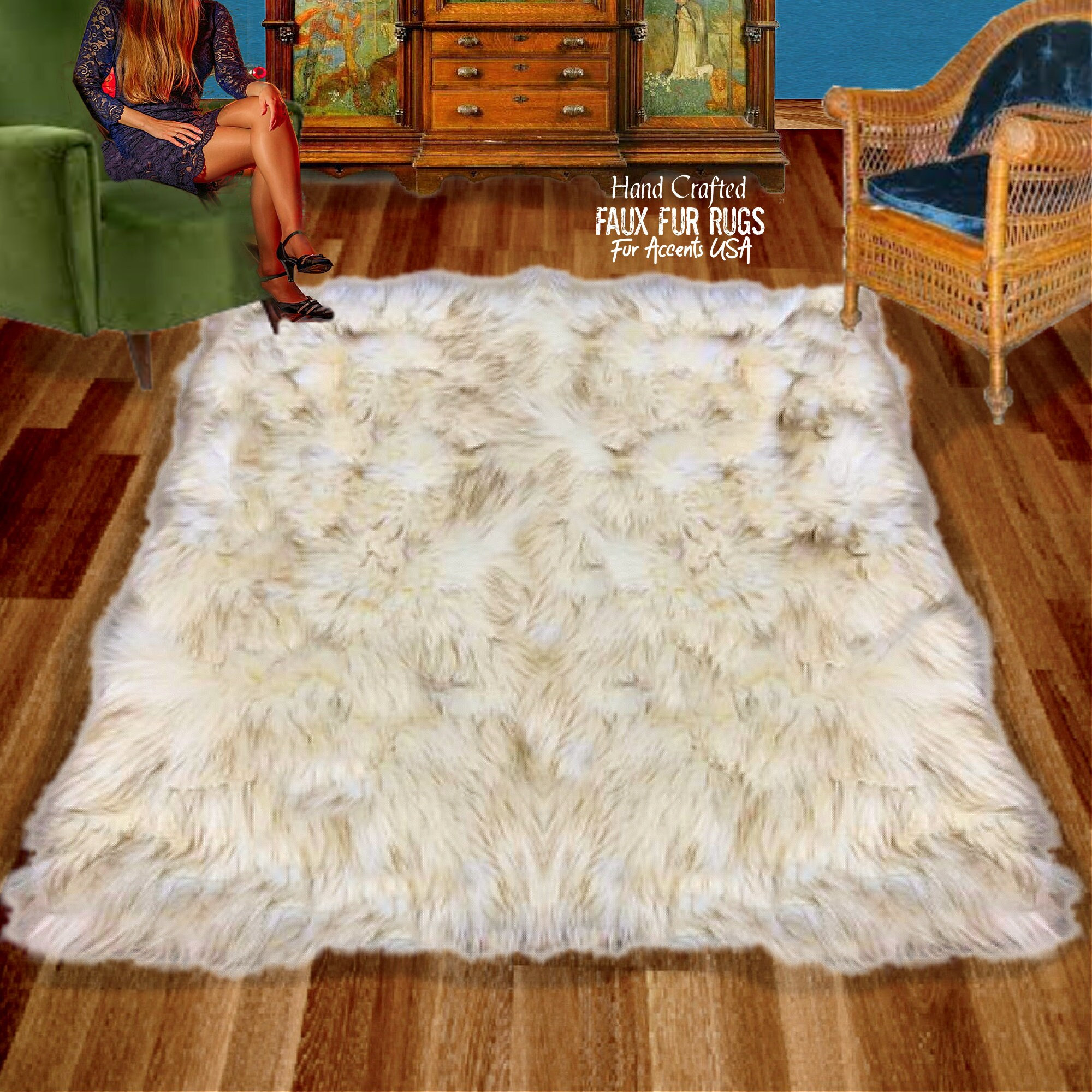 Plush Faux Fur Throw Area Rug White Shag Sheepskin With Brown Tips Arctic Wolf Ultra suede Lining Fur Accents USA Etsy UK