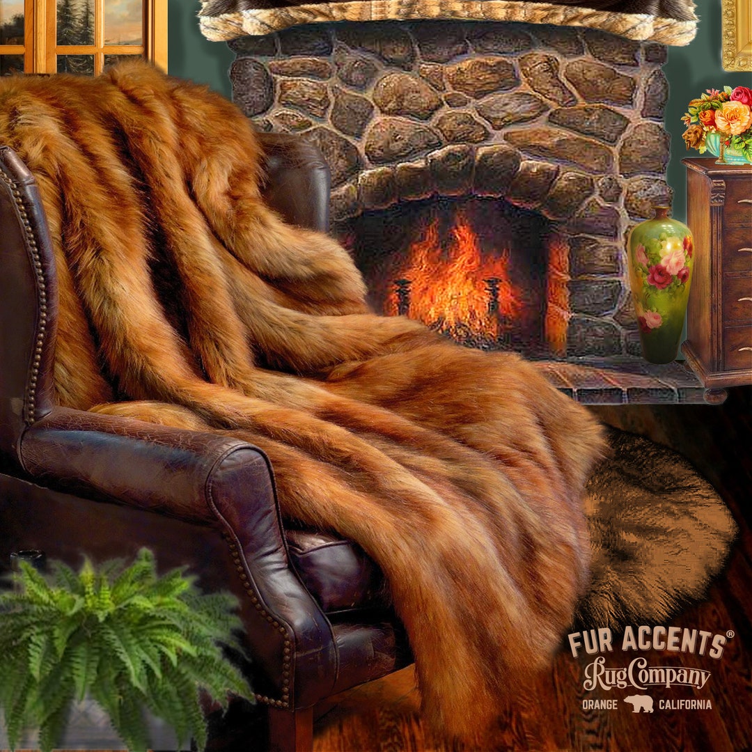 Plush Faux Fur Throw Blanket, Bedspread, Soft New Red Brown Wolf ...