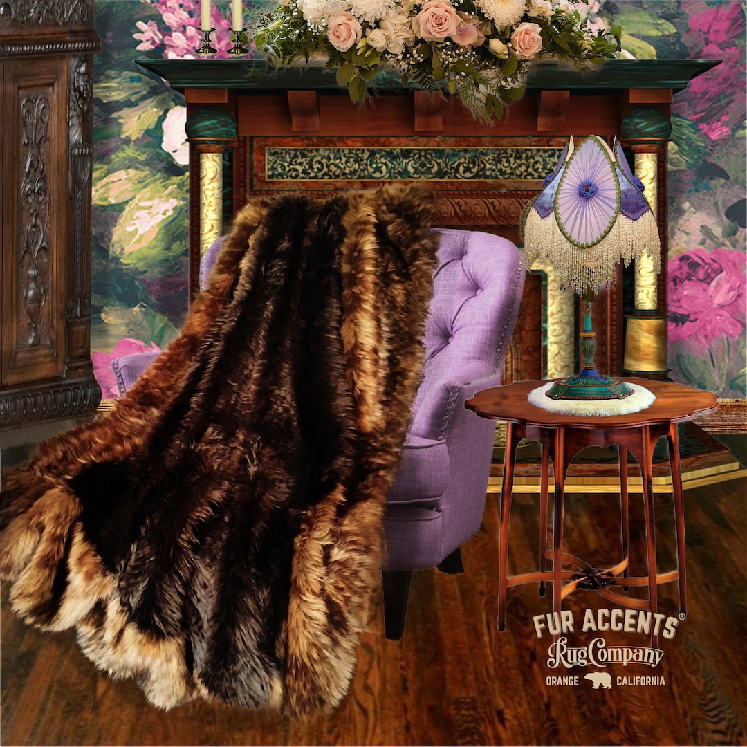 Plush Faux Fur Throw Blanket - Brown Shag Bear Center With Brown Wolf ...