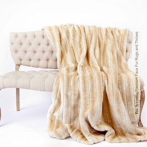 Plush Faux Fur Throw Blanket, Tan Stripe Ribbed Mink - Bedspread ...